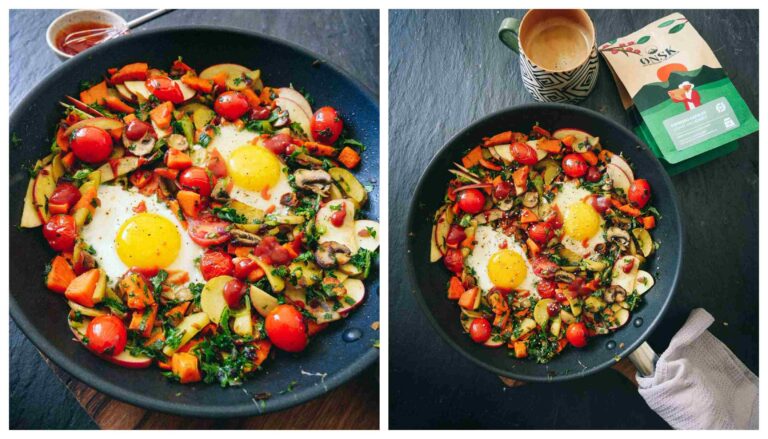 Vegetarian breakfast – Recipe with vegetables and fried eggs